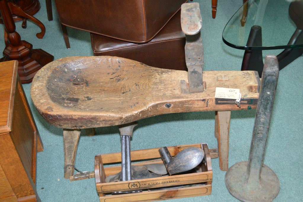 Primitive leather workers bench repurposed for shoe cobbler, with a ...