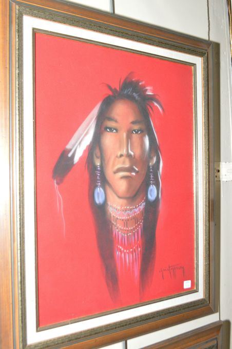 Two framed pastel native portraits signed by artist Christoffersen 24 ...