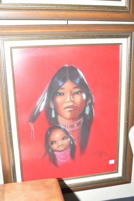 Two framed pastel native portraits signed by artist Christoffersen 24 ...