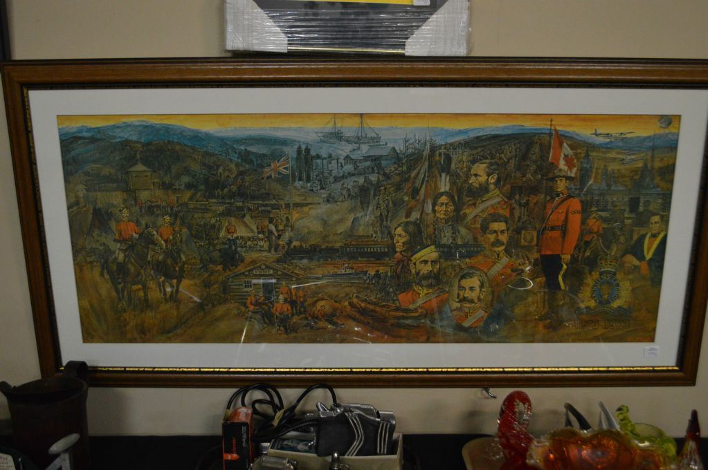 Three RCMP artworks including needlework and two framed prints