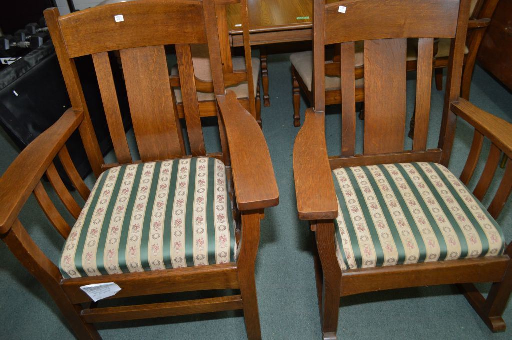 Antique quarter cut oak Mission style arm chair and rocker to match lot 110