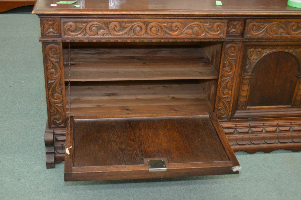 Antique hand carved oak two drawer and two drop front door chest with ...