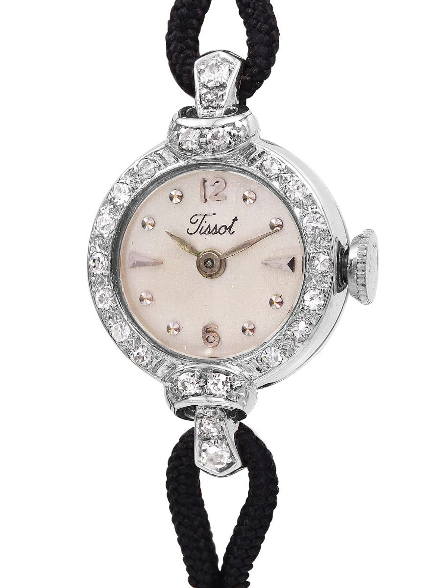 Antique Tissot 14KT White Gold Diamond Silk Cord Watch-#872