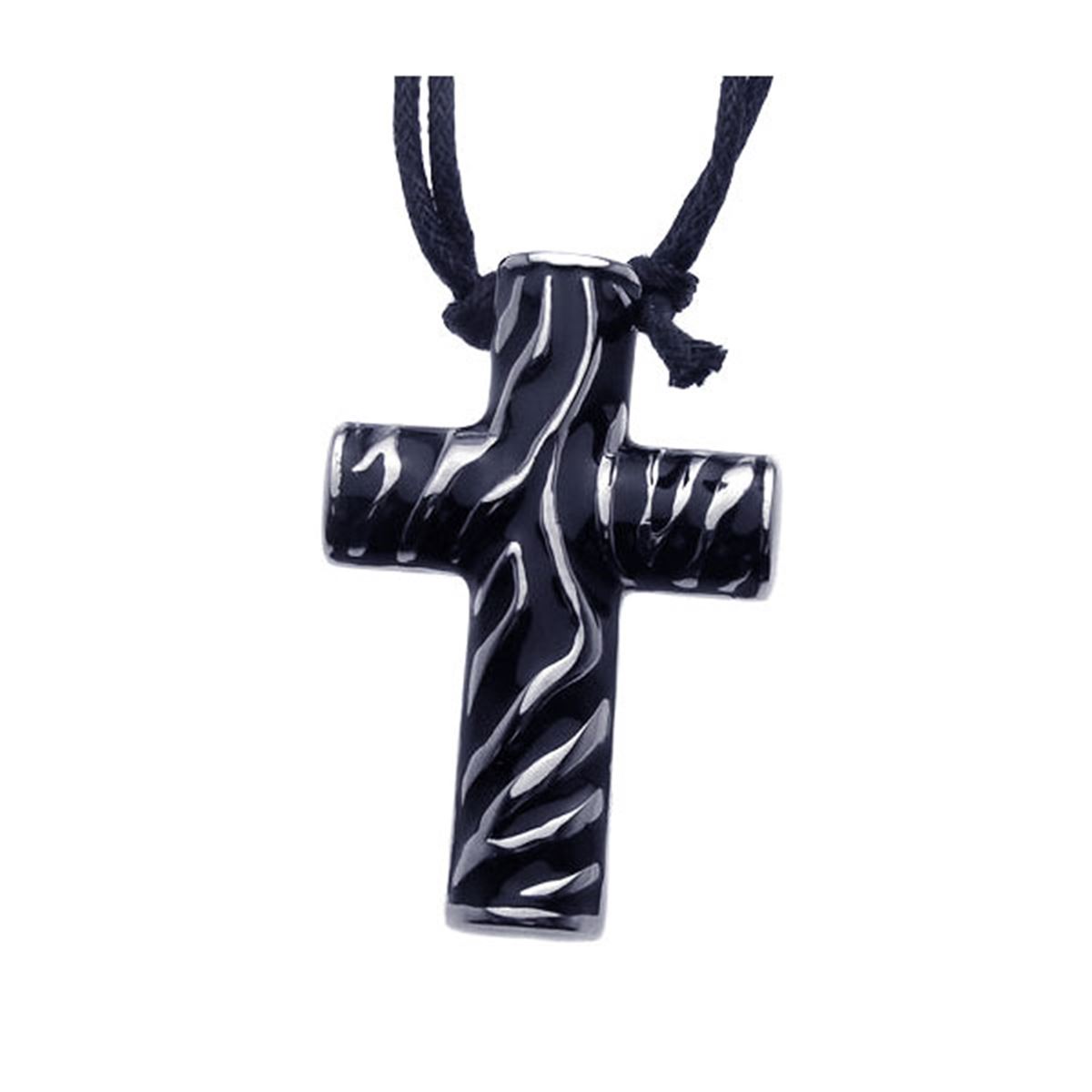 Stainless Steel Zebra Print Cross Black Cord Pendant Necklace ssp00004