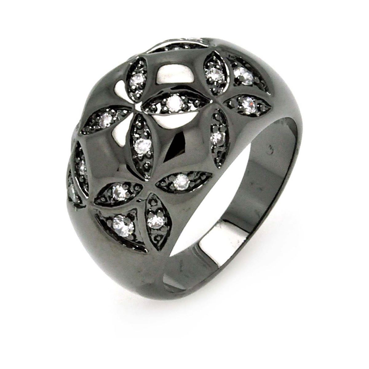 Black Rhodium Plated Brass Flower Clear CZ Dome Ring bbr00046