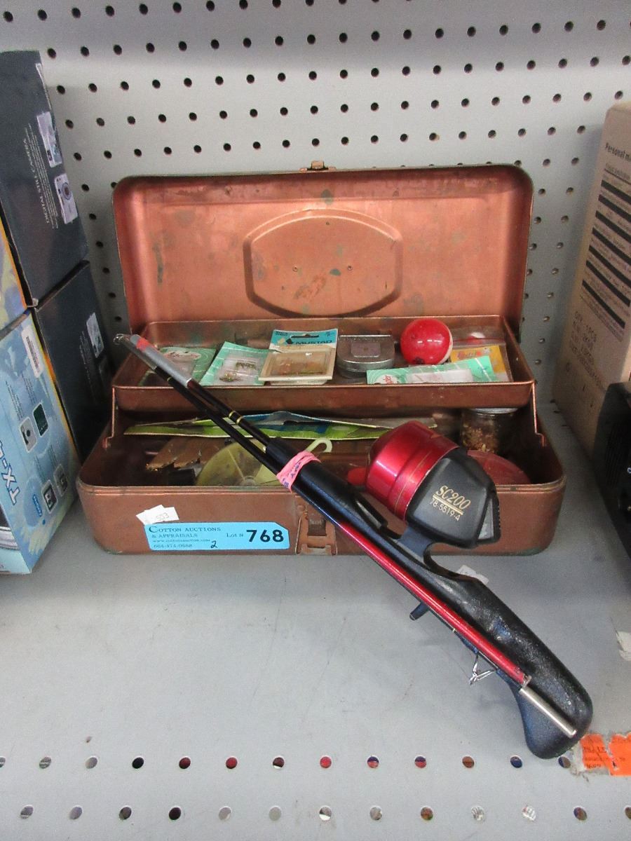 Small metal tackle box & fishing rod - used
