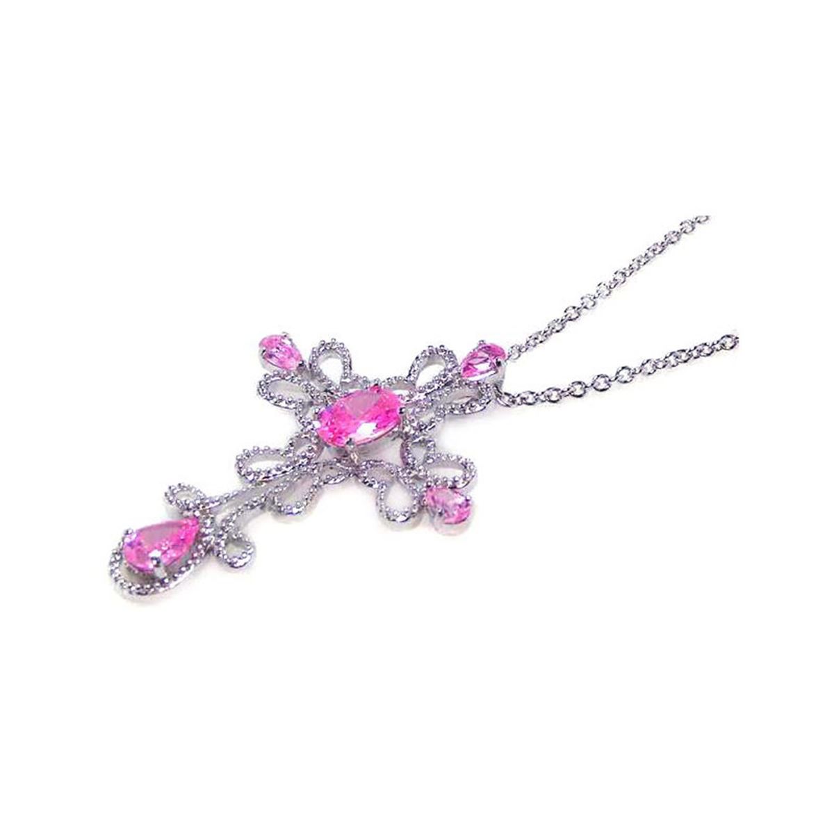 Sterling Silver Clear CZ Rhodium Plated Cross Pink Stone Inlay Pendant ...