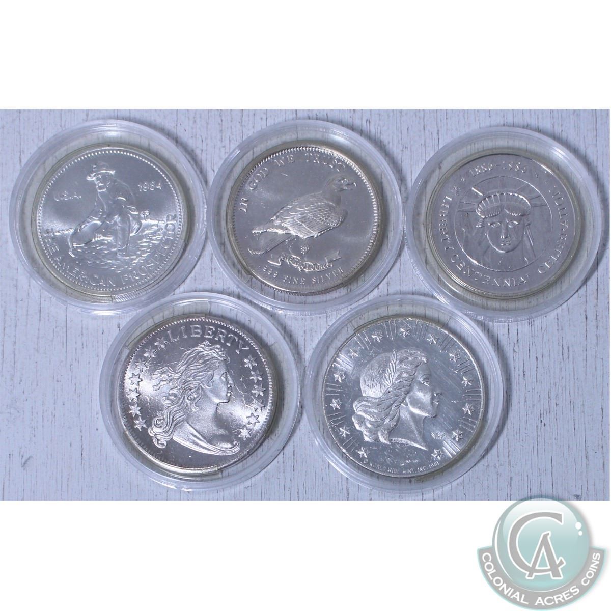 Lot of 5x various 1oz .999 Fine Silver rounds. ( Tax Exempt) 5pcs. Some ...