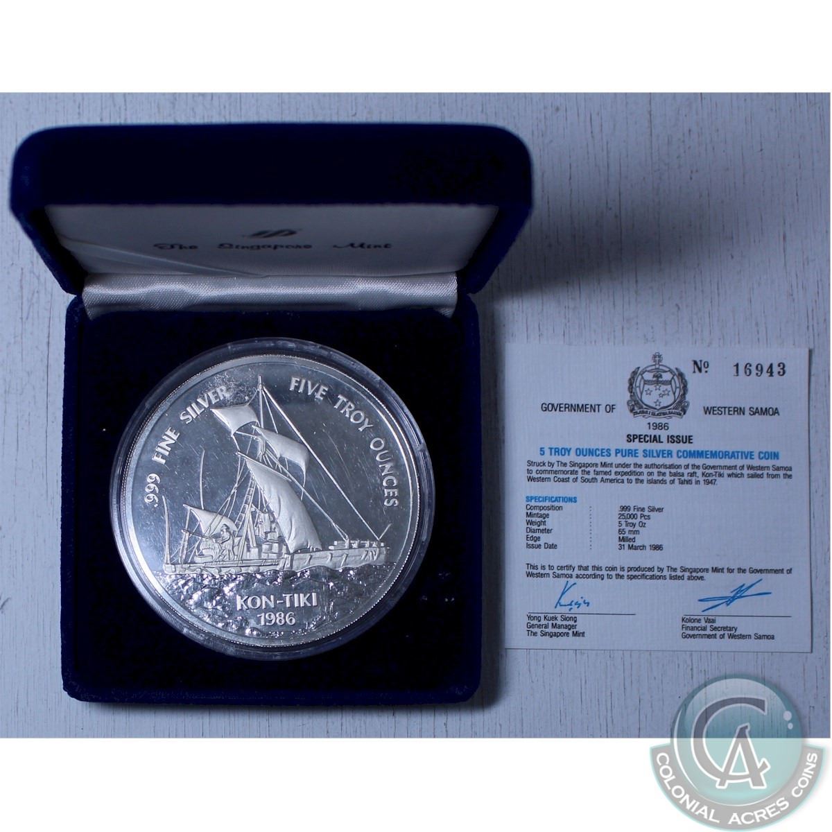 1986 Western Samoa 5 troy oz .999 Fine Silver $25 Kon-Tiki coin. (Tax ...