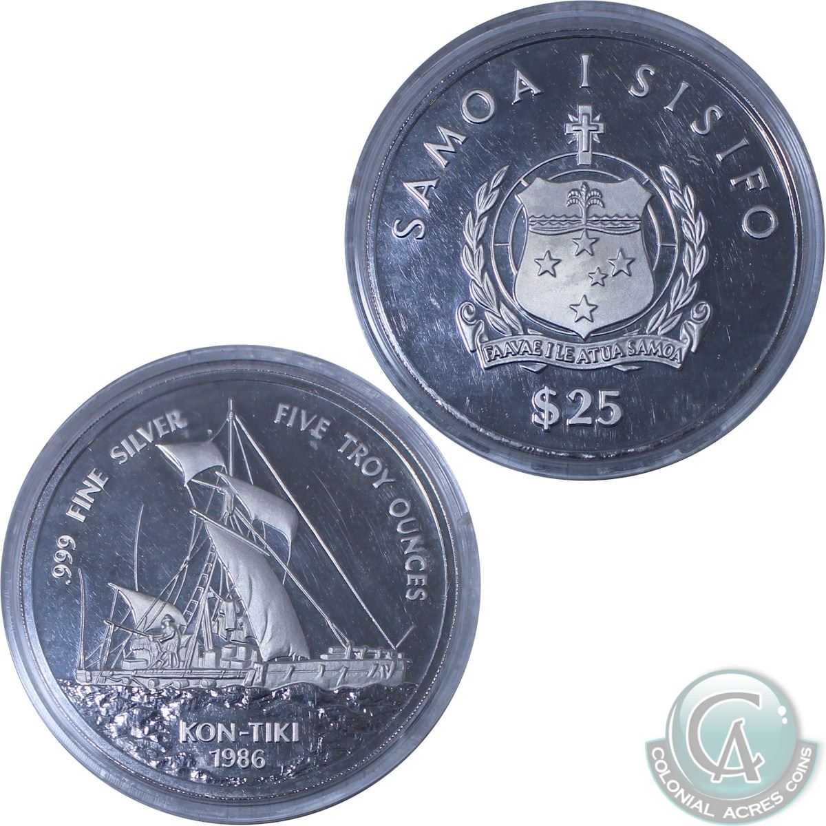 1986 Western Samoa 5 troy oz .999 Fine Silver $25 Kon-Tiki coin. (Tax ...
