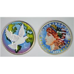 2 - COLORIZED SILVER DOLLARS; 1921 MORGAN & 1924 PEACE