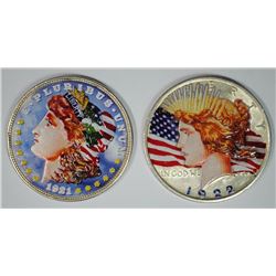 2 - COLORIZED / PAINTED SILVER DOLLARS; 1921 MORGAN & 1922-D PEACE