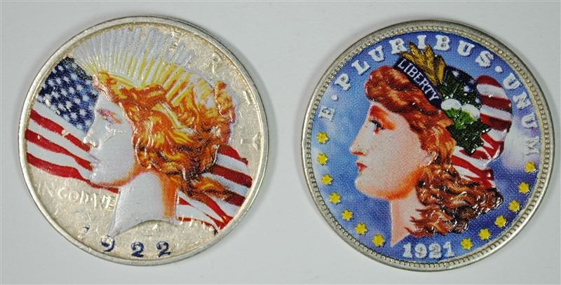 2 - COLORIZED / PAINTED SILVER DOLLARS; 1921 MORGAN & 1922-D PEACE