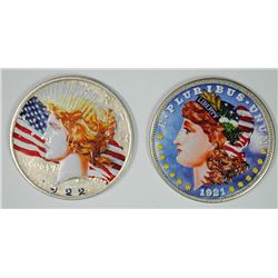 2 - COLORIZED / PAINTED SILVER DOLLARS; 1921 MORGAN & 1922-D PEACE
