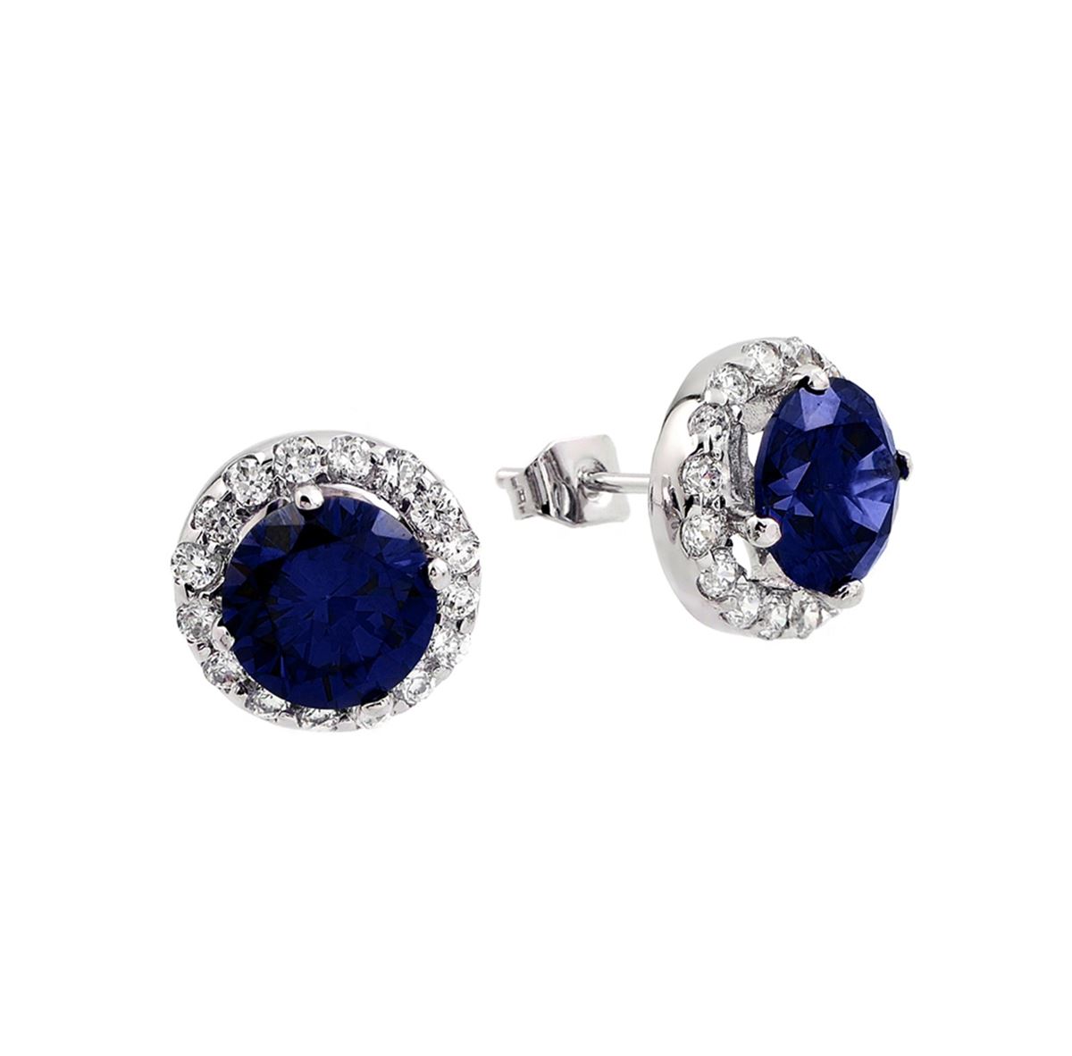 Sterling Silver Rhodium Plated Blue round CZ Stud Earring bge00368b