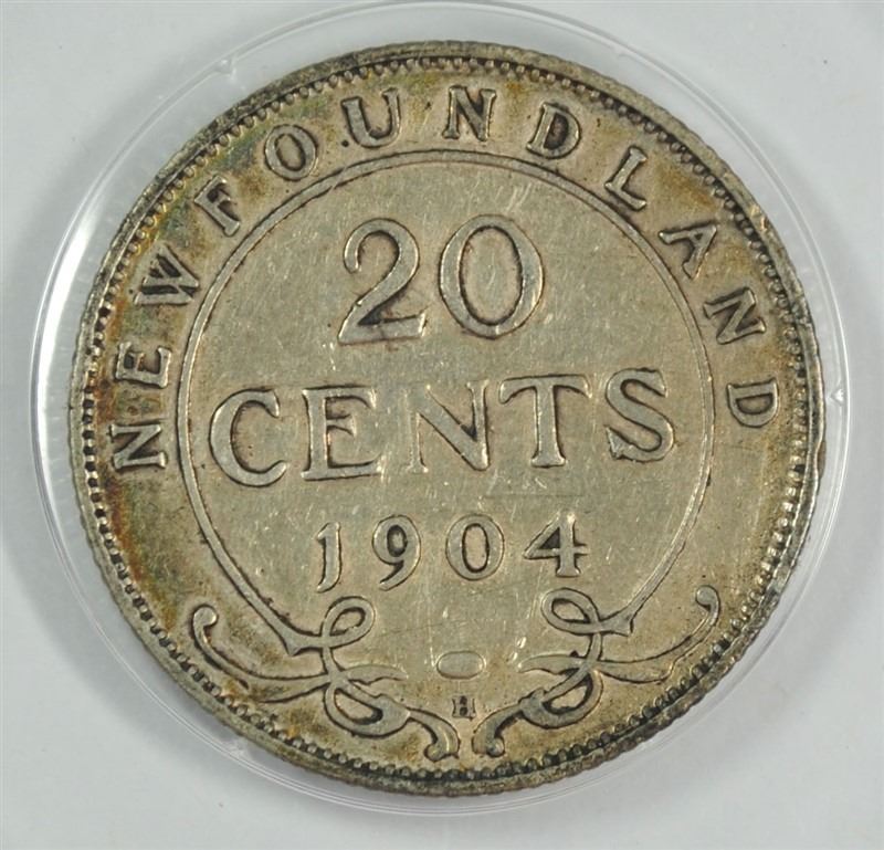 1904-H CANADA NEWFOUNDLAND NFLD 20 CENTS SILVER COIN RARE CANADIAN