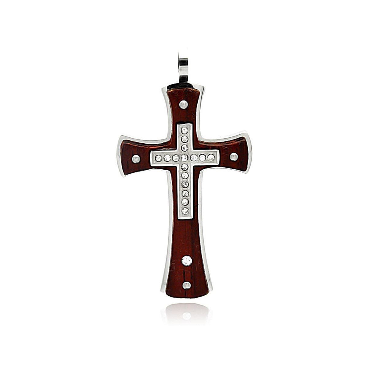 Stainless Steel Wood Double Cross Clear Crystal Charm Pendant ssp00393