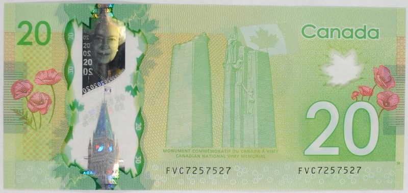 3 DIGIT RADAR NOTE 2012 CANADA 20 DOLLARS POLYMER UNC
