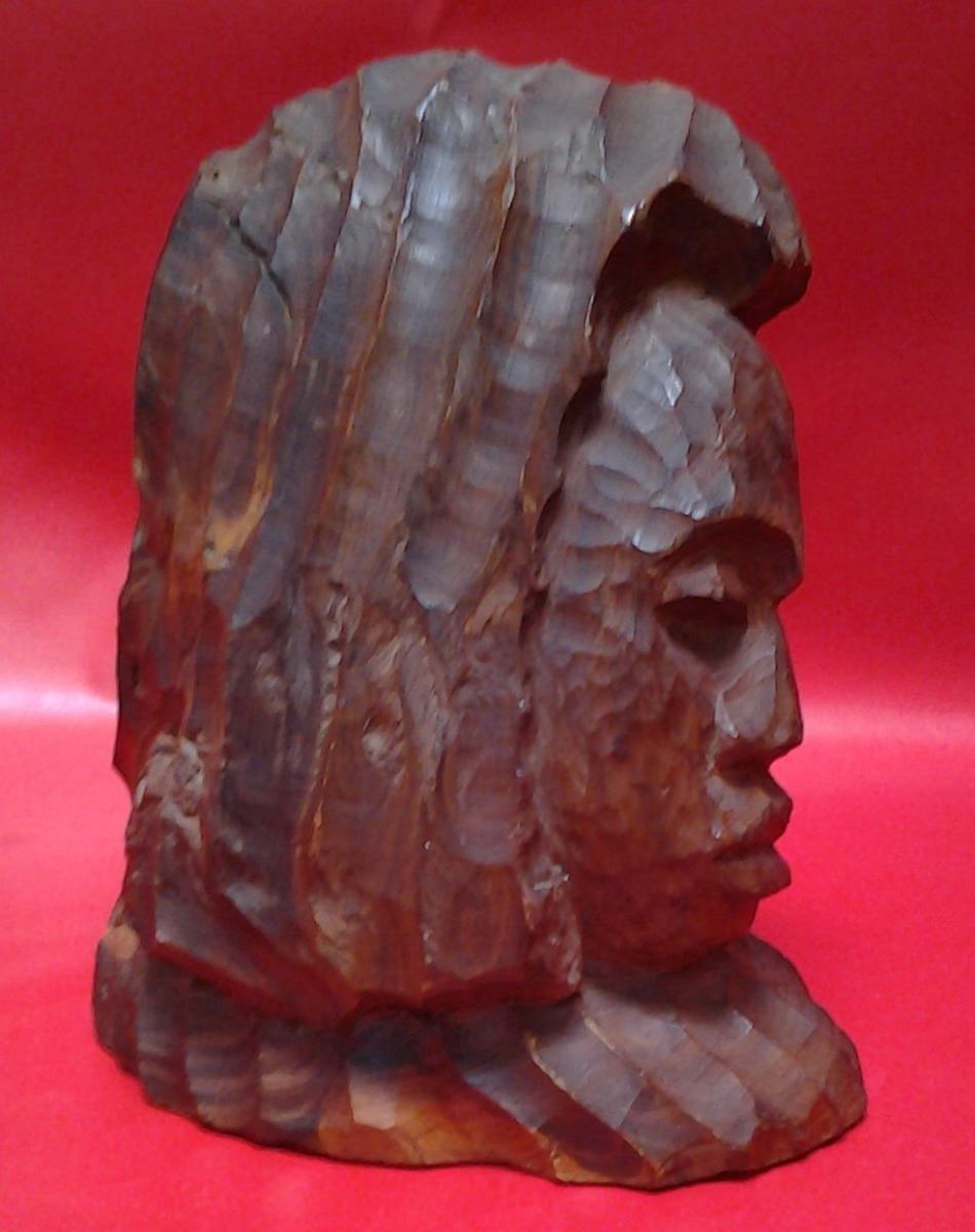 Ancient African Tribal Heavy Petrified Wood Head Carved Statue 9.00", 7-lbs