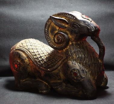 Ancient Indo-Persian Gilted Wood Sculpture: Ram w. Glass Mosaic 14x11 ...