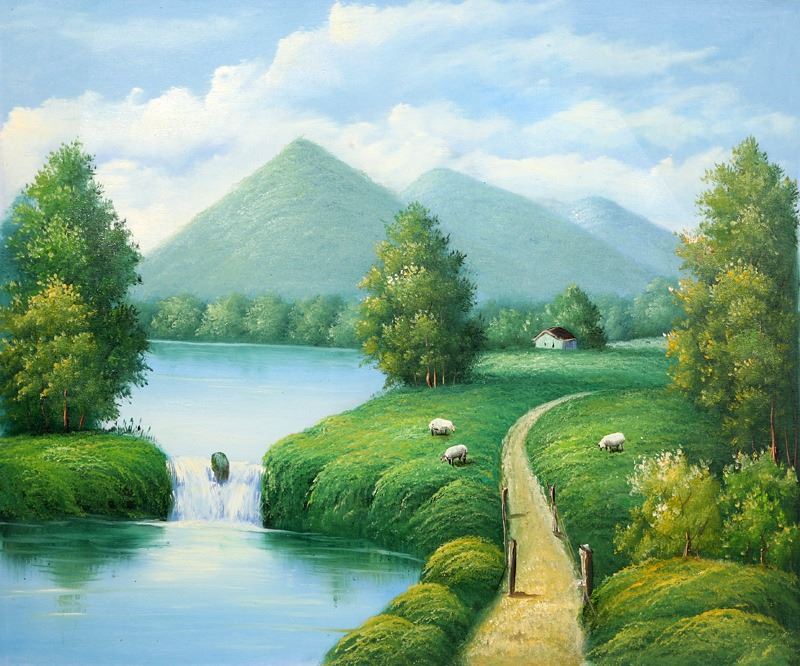 Meijan Yang, Landscape with Sheep (5), Oil Painting