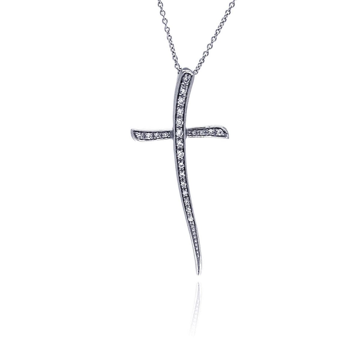 Sterling Silver Clear CZ Rhodium Plated Wavy Cross Pendant Necklace ...