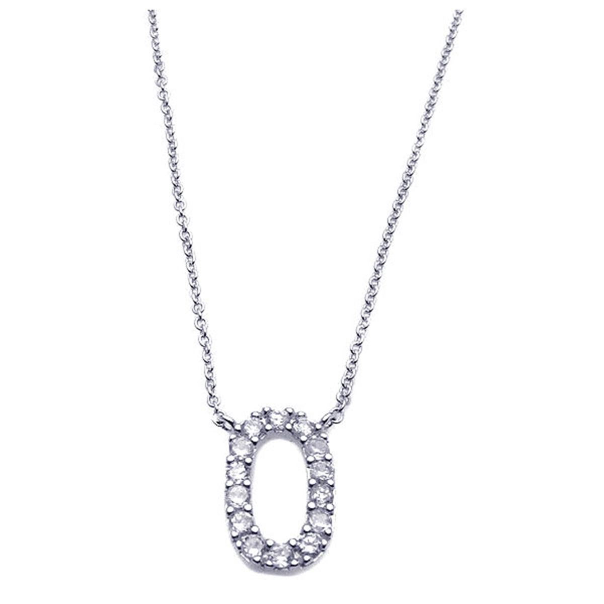 Sterling Silver Rhodium Plated Clear CZ Number 0 Pendant Necklace stp00828