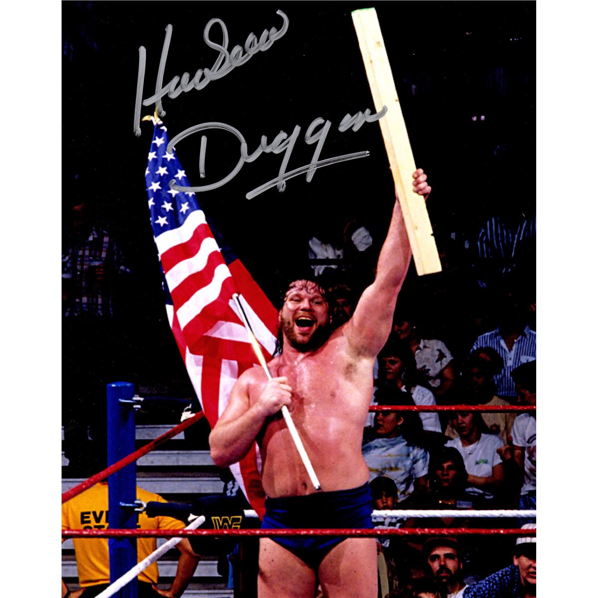 Hacksaw Jim Duggan Signed WWE Wrestling Holding American Flag & 2X4 ...