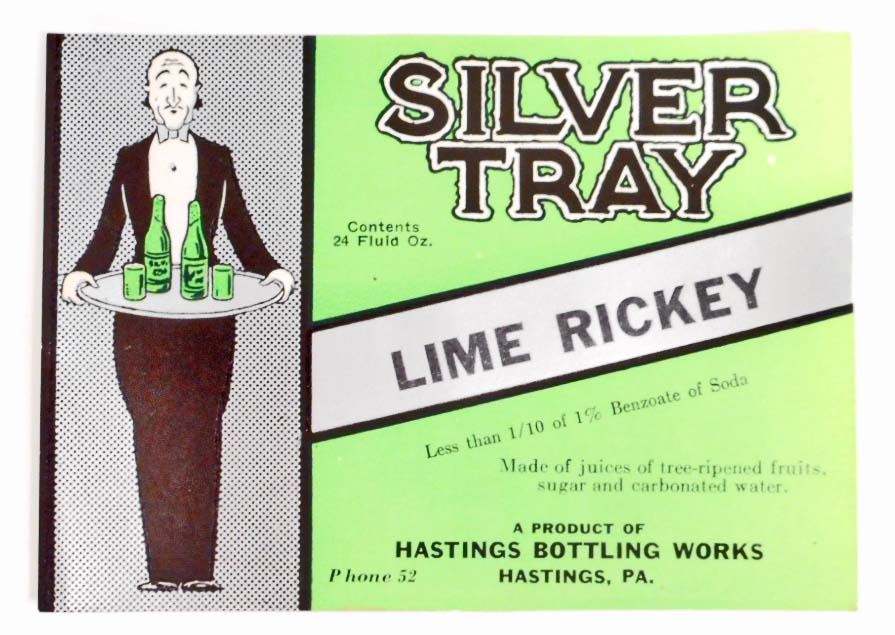 VINTAGE SILVER TRAY LIME RICKEY SODA ADVERTISING BOTTLE LABEL