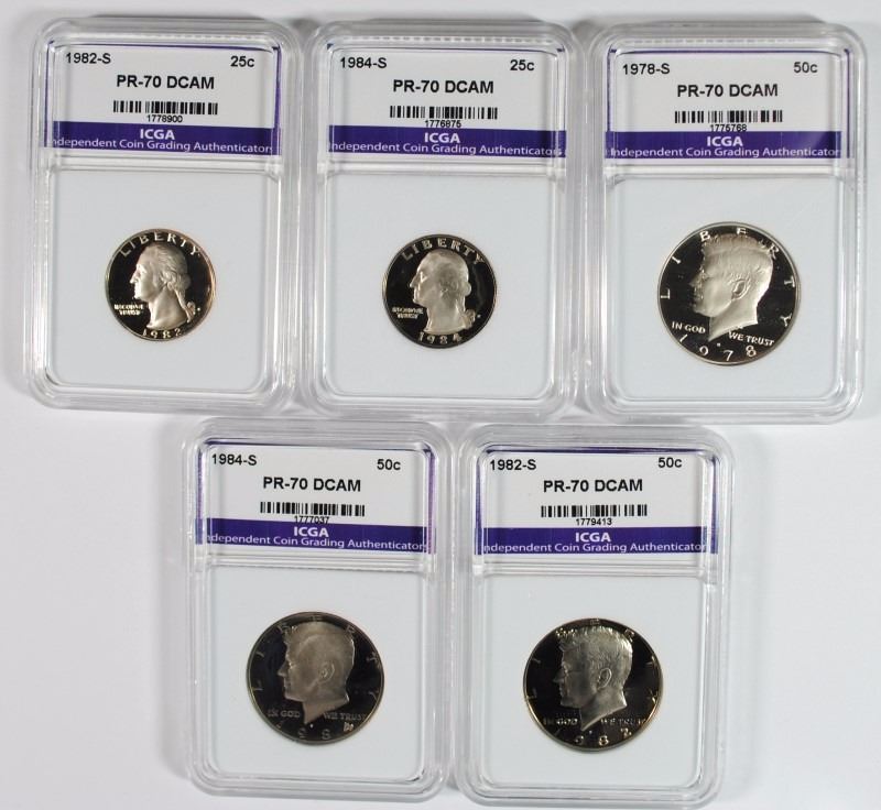 5 PERFECT GEM PROOF DEEP CAMEO COINS: 1982-S & 1984-S WASHINGTON QUARTERS