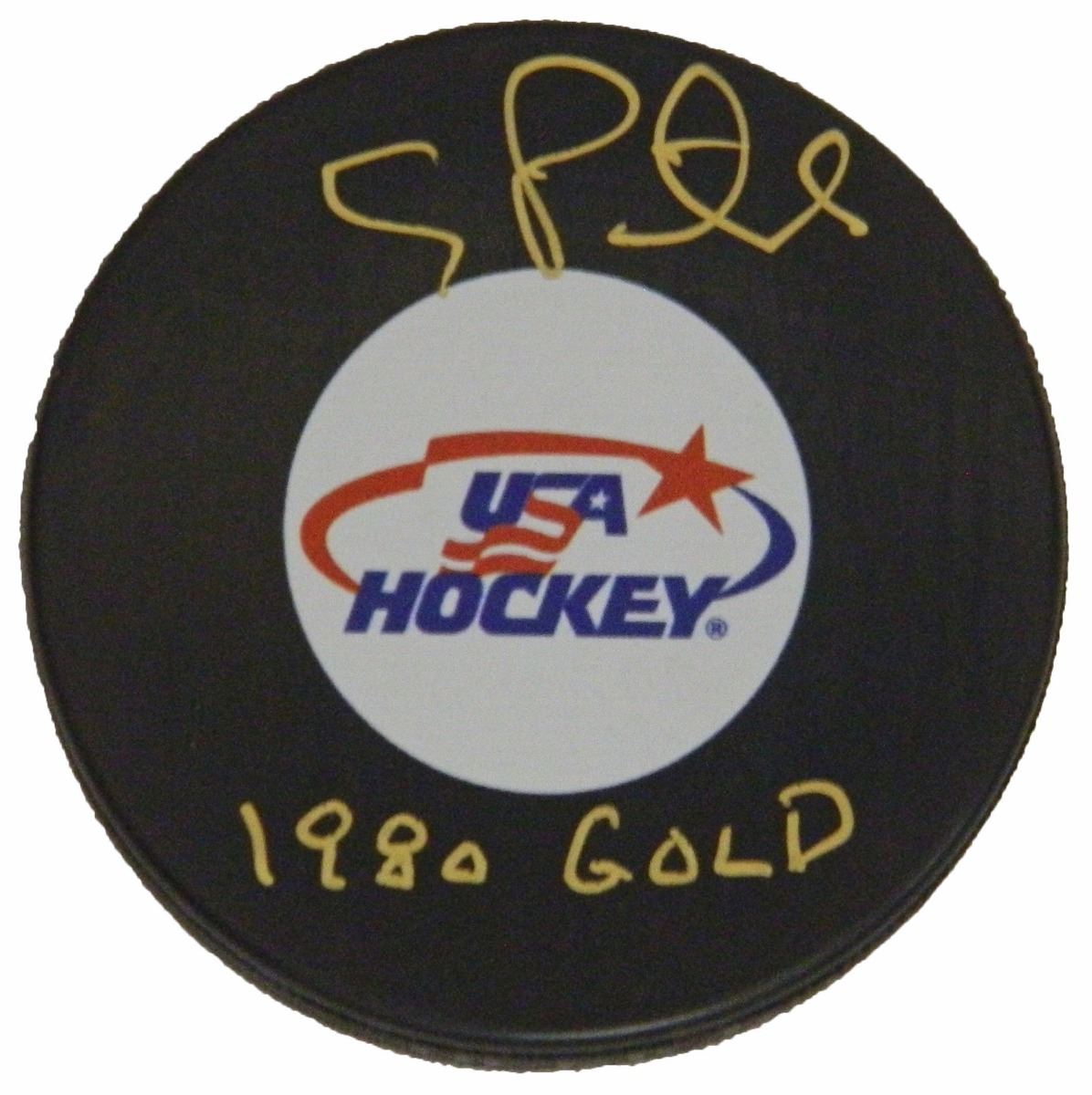 Craig Patrick Signed USA Hockey Logo Hockey Puck W/1980 Gold