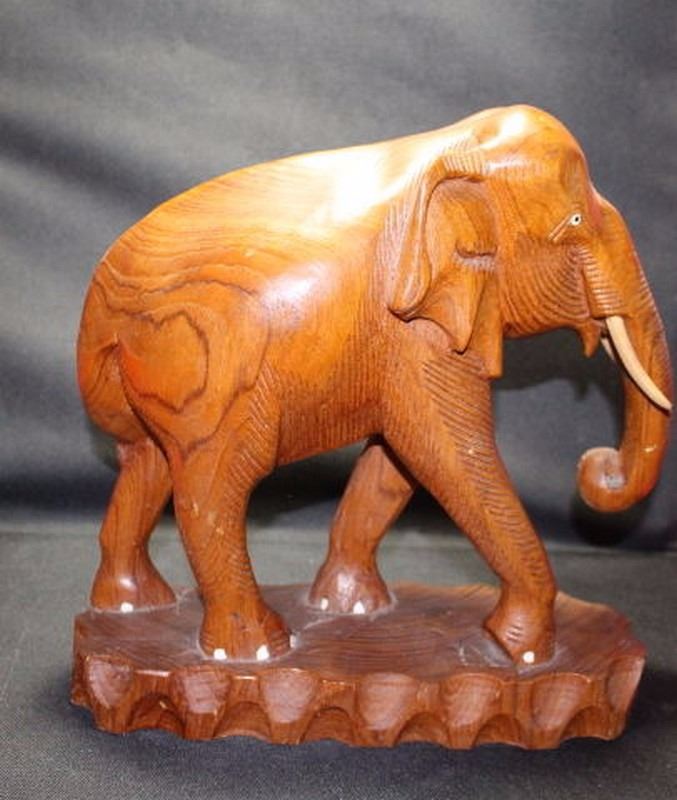 Antique Carved Thai Teak Wood Elephant w. Tusk 13x12", 6-lbs (Signed by ...