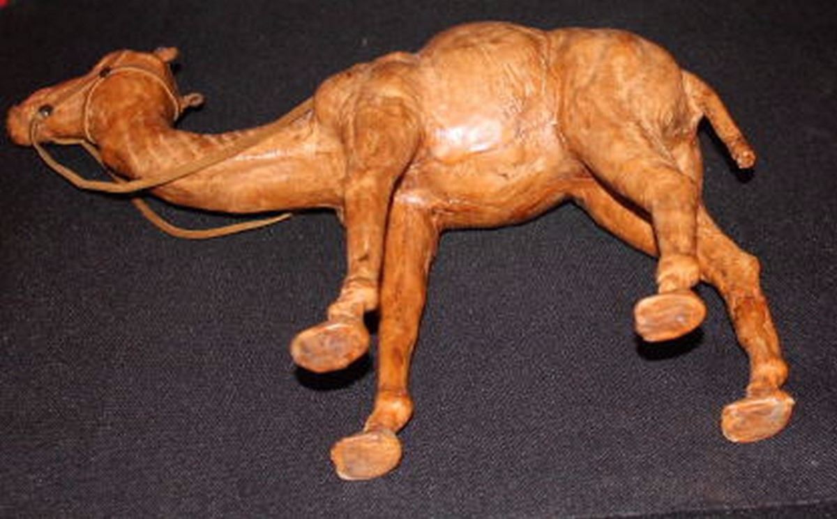 Old Papier Mache Camel Sculpture w. Leather Fittings 15"