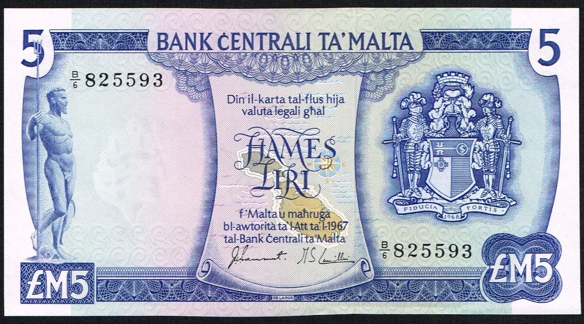 Malta, 5 Pounds, 1967, Pick# 32f, Bank Centrali Ta'Malta, SL# B/6 ...