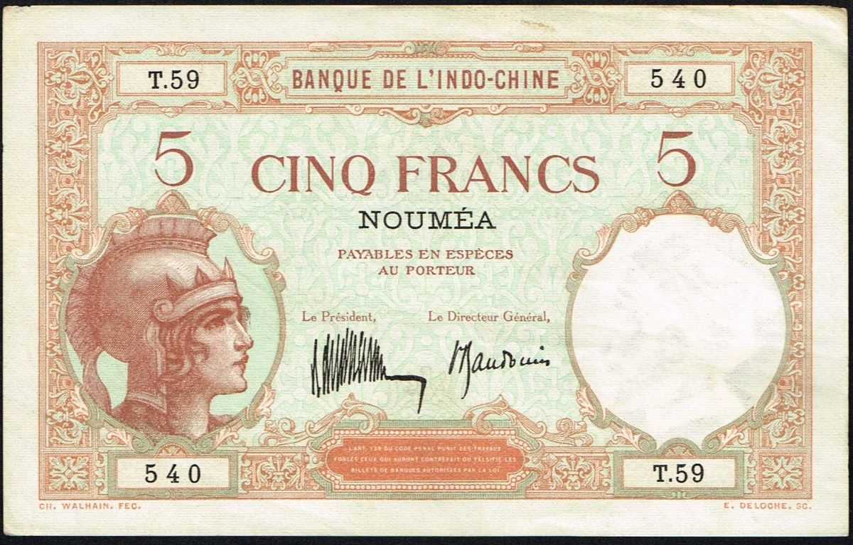 New Caledonia, 5 Francs, 1926, Pick# 36b, Banque De L'IndoChine Noumea ...
