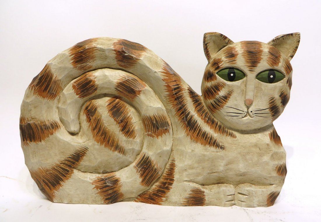 Carved And Painted Seated Cat By James Haddon