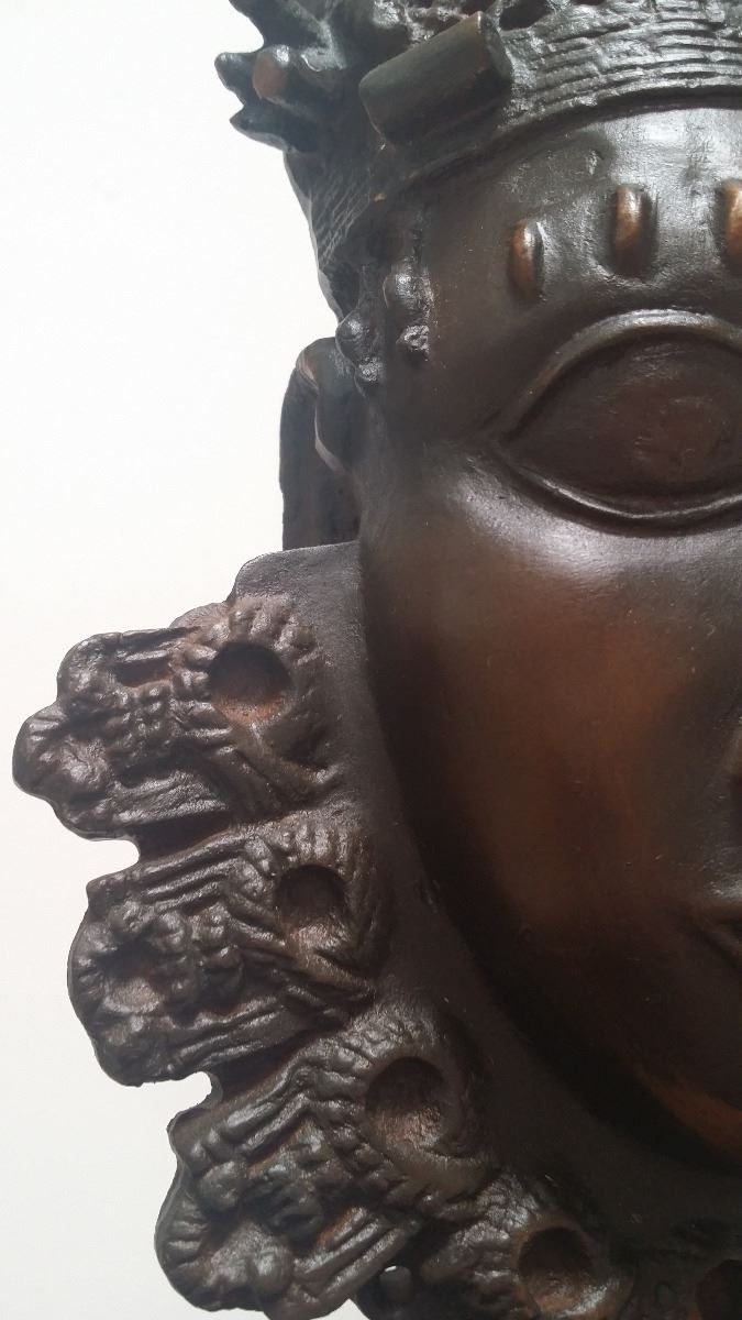 African Tribal Metal Mask Welded to a Display Stand 13", 3-lbs