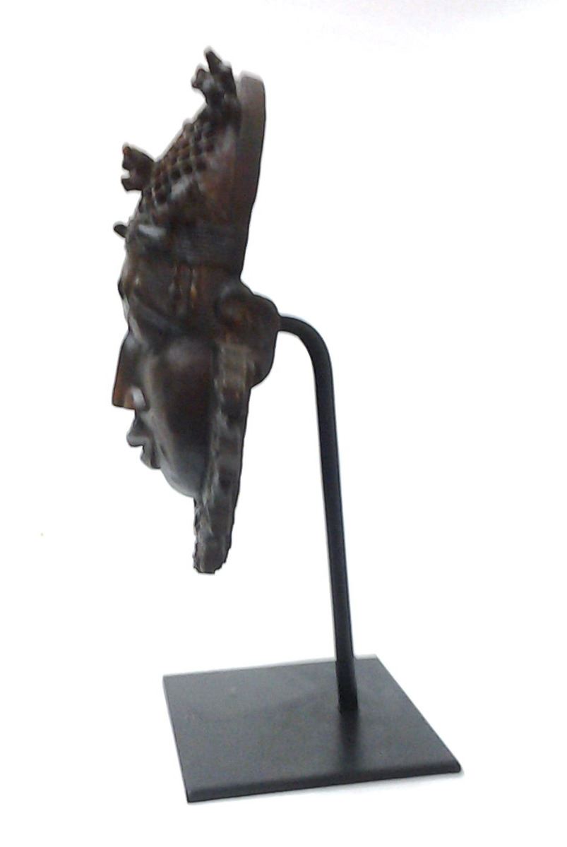 African Tribal Metal Mask Welded to a Display Stand 13", 3-lbs
