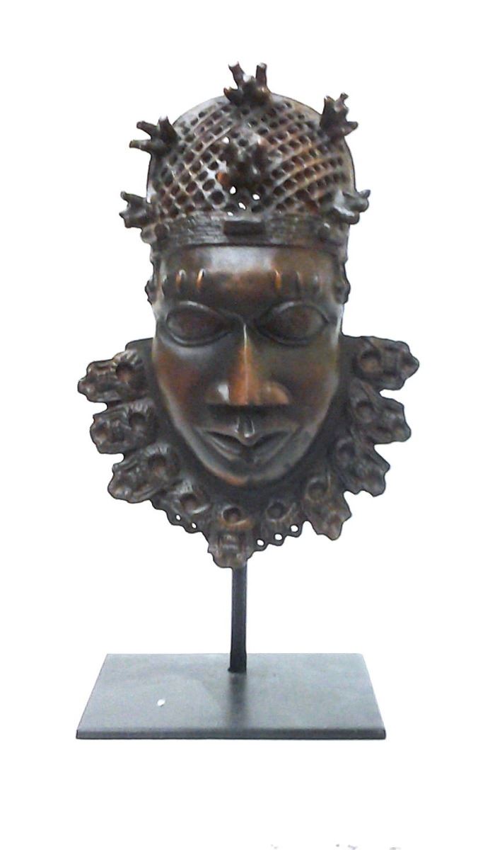 African Tribal Metal Mask Welded to a Display Stand 13", 3-lbs