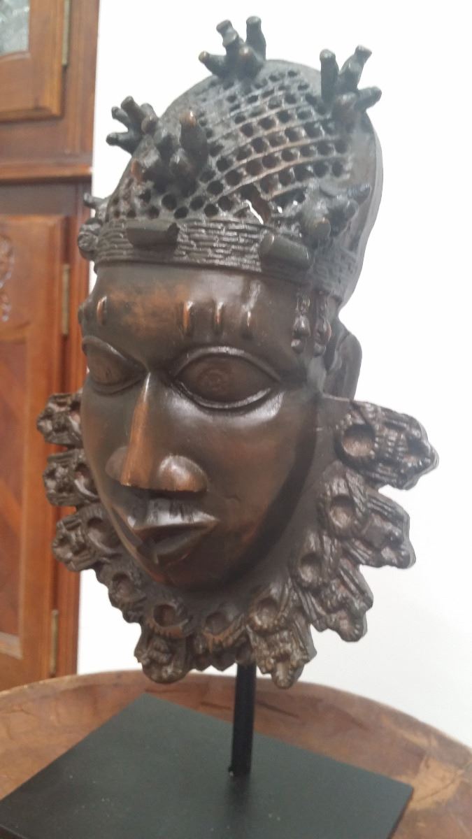 African Tribal Metal Mask Welded to a Display Stand 13", 3-lbs