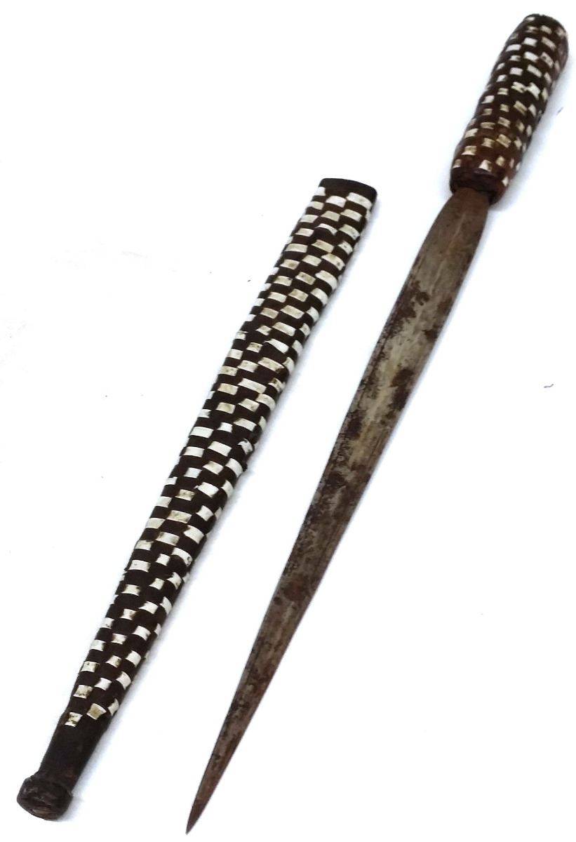 Antique African Taureg Tribal Dagger Knife with Woven Leather Sheath 16"