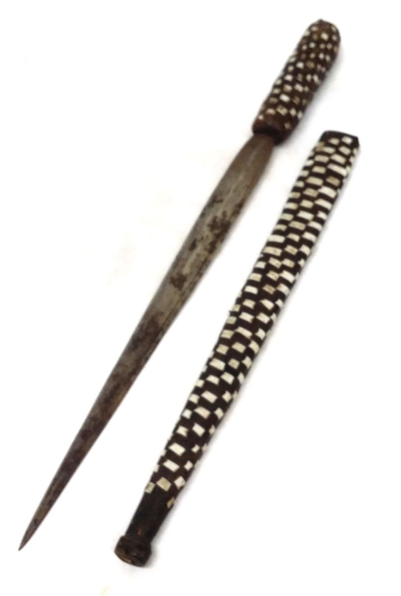 Antique African Taureg Tribal Dagger Knife with Woven Leather Sheath 16"