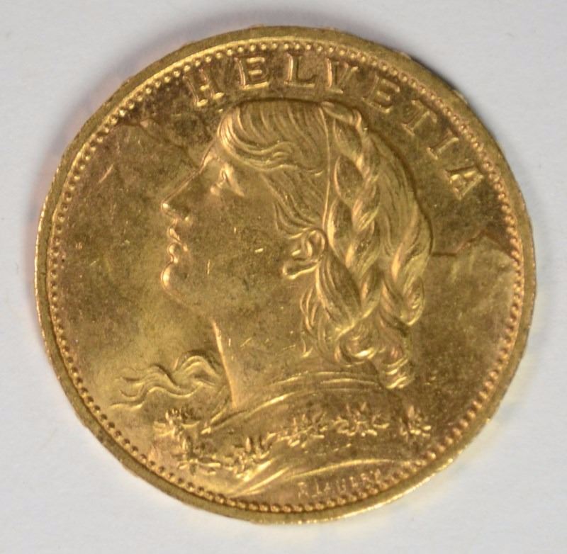 1925-B SWISS FRANC ***HELVETIA*** 20 FRANCS GOLD COIN-BRILLIANT ...