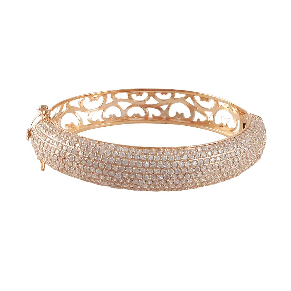Rose Tone Sterling Silver Bangle With White CZ Pave And Filigree Design-60M