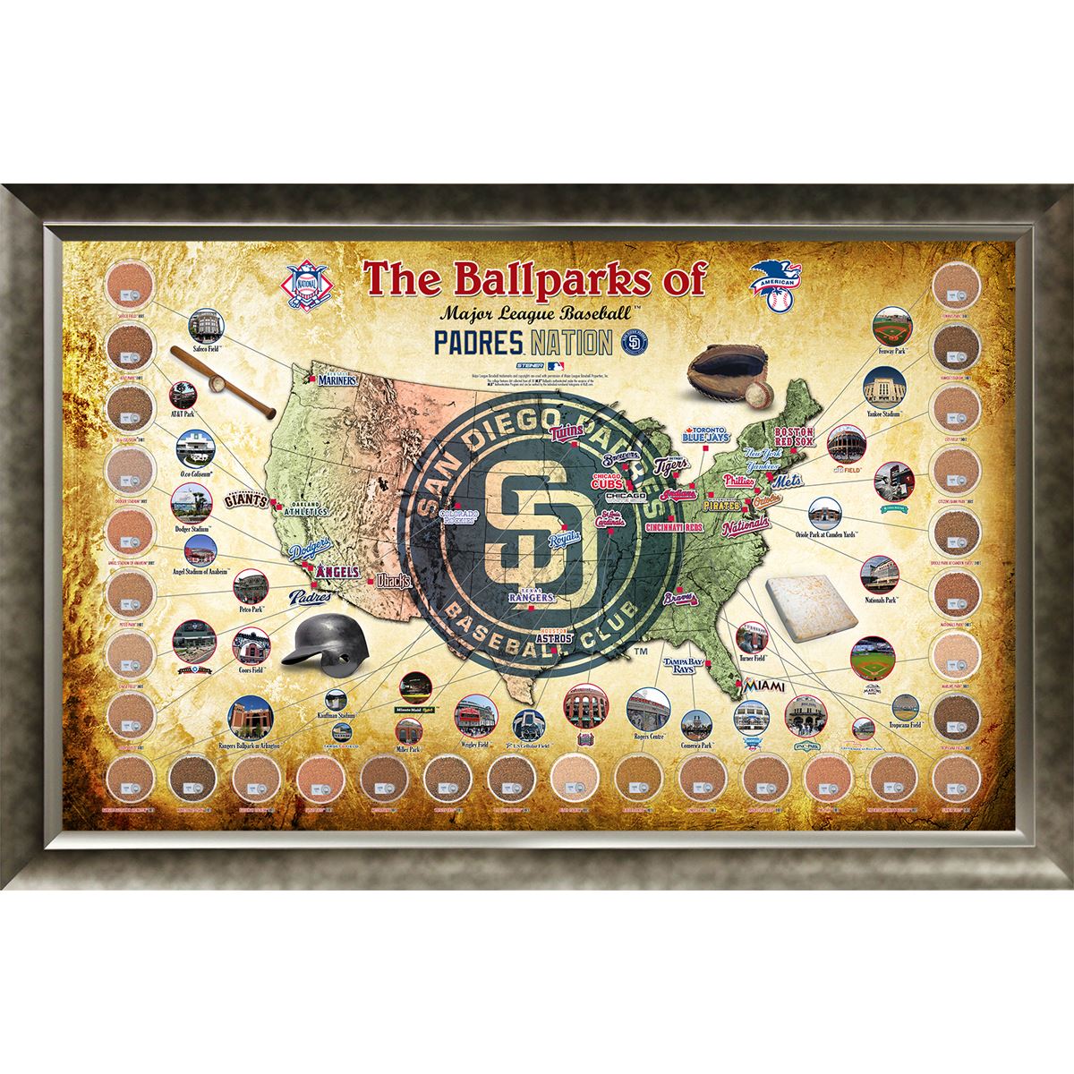 Major League Baseball Parks "Map" 20X32 Framed Collage W/ Game Used ...