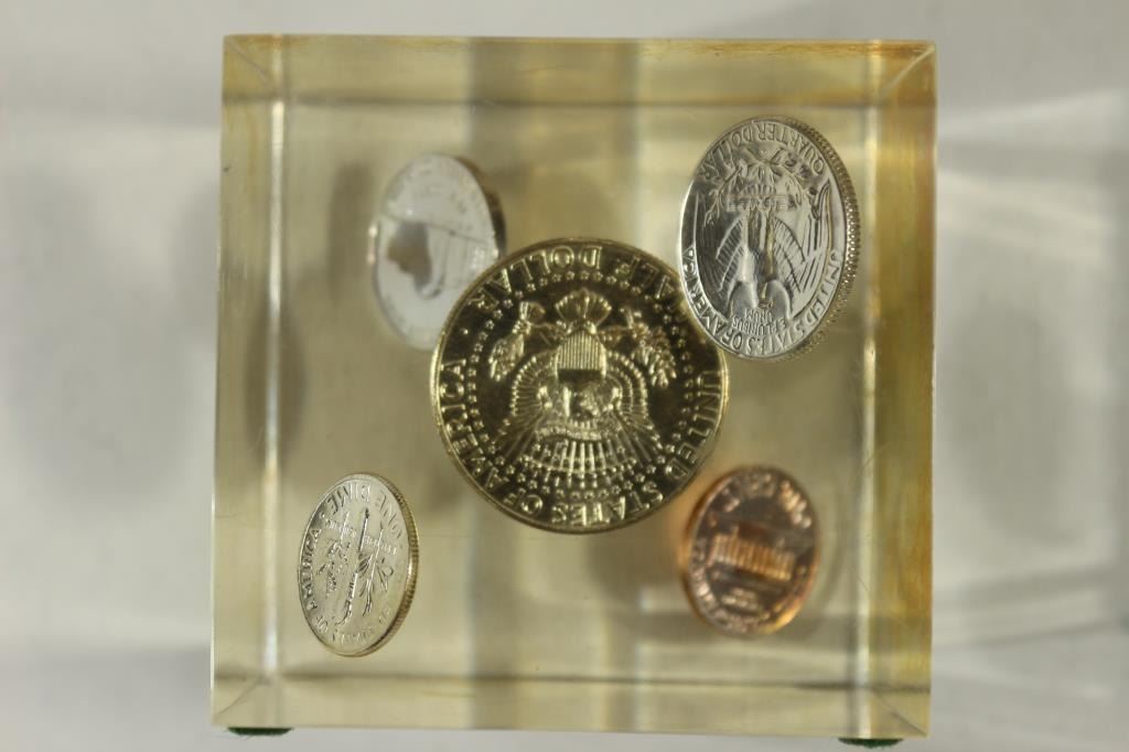 2 9/16" COIN CUBE LUCITE PAPERWIEGHT WITH 1964