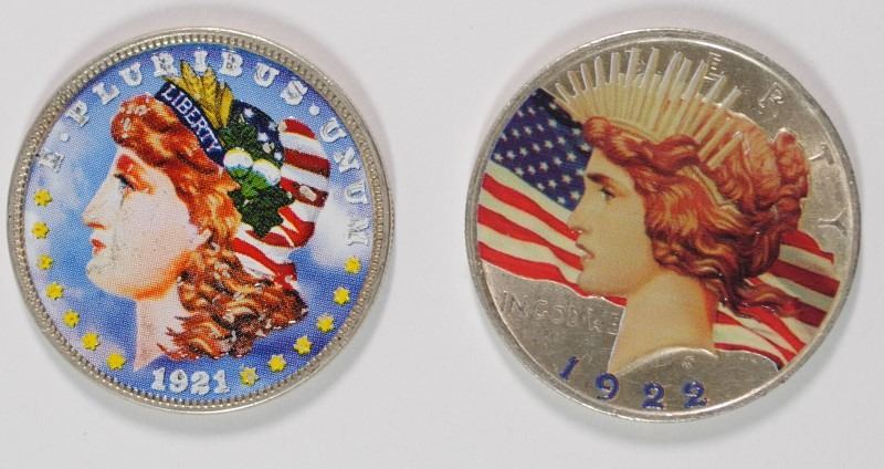 2 - COLORIZED / PAINTED SILVER DOLLARS; 1921 MORGAN & 1922 PEACE