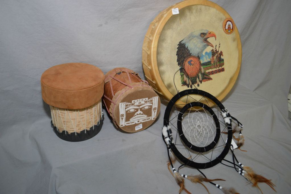Selection of Haida and First Nations decor items including drums etc.