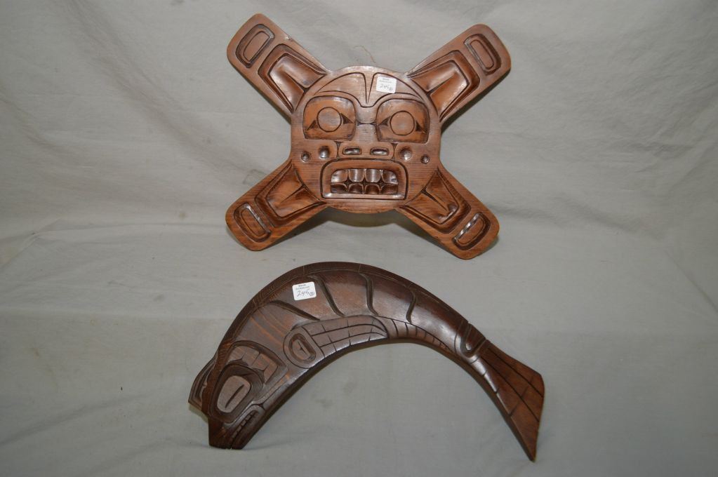 Two Haida carvings including signed "Sun" by H.Williams and unsigned salmon