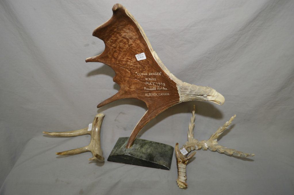Carved antler. bird motif "Cloud Hanger" signed by Russell Kehler ...
